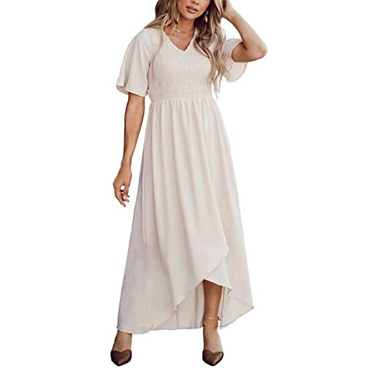 Zattcas Womens 2023 Smocked Maxi Dress Short Sleeve Vneck Casual Summer High Low Flowy Long Dress Cream S