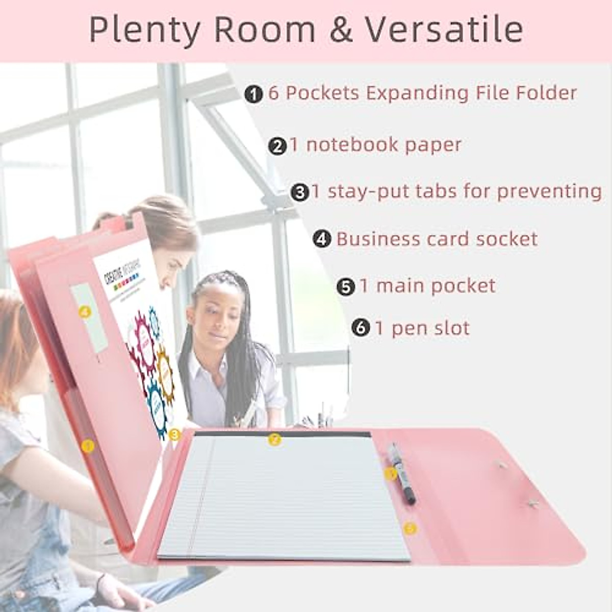 JIMEIQI Accordion File Organizer, 6 Pockets Versatile Document Organizer for Letter Size/A4 Paper/Receipts with One Notebook, Pink Expanding File Folder for Office/School/Home/Travel