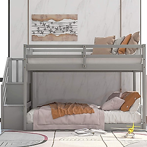 Flieks Bunk Bed with Storage Staircase, Twin Size Bunk Bed for Kids, Teens, No Box Spring Needed (Gray)