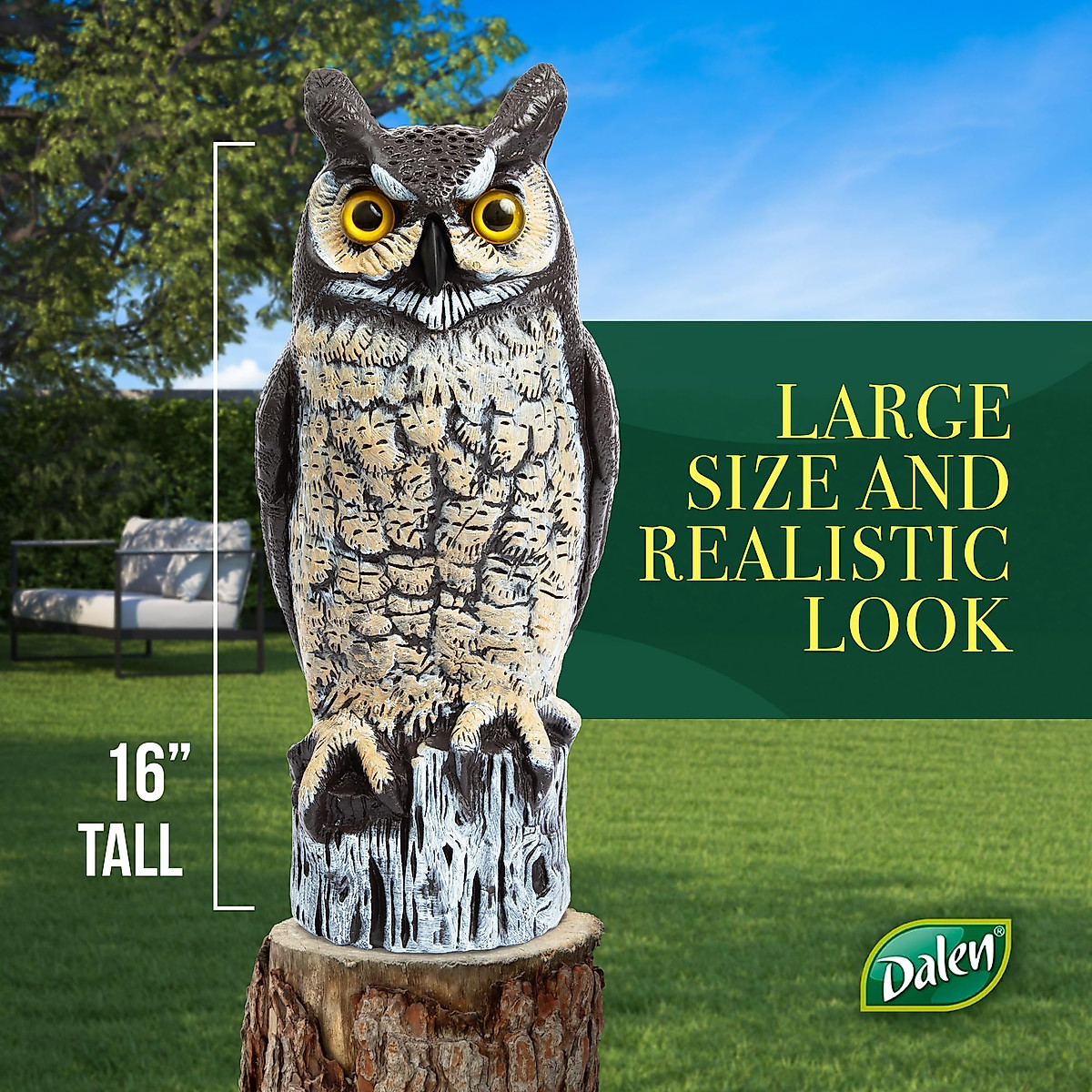 Dalen Large Fake Owl Decoy to Scare Birds Away - Garden Scarecrow Provides Natural Pest Control - 16" Tall - Great Horned Owl