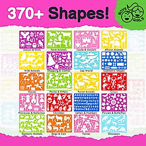 Mimtom Drawing Stencil Kit for Kids, 60 PC Art Set with 370+ Shapes, Sketch Pad, and Colored Pencils for DIY Arts and Crafts for Boys and Girls, Draw with Letter, Animal and Car Stencils, Pink
