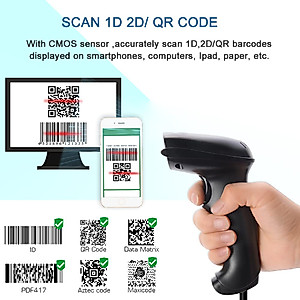 Handheld USB Barcode Scanner Wired,QR Code Scanner with USB Cable,Read 1D,2D,Data,Matrix, PDF417,Maxicode,Screen Scanning Fast and Precise for Mobile Payment,Supermarket, Retail Store, etc,Black