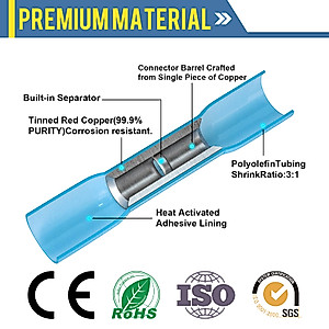630PCS Heat Shrink Butt Connectors AWG16-14 Insulated Marine Grade Electrical Wire Connectors, Tinned Red Copper 0.8mm, Insulated Waterproof Crimp Terminals Butt Splice for Cable,Boat,Wiring