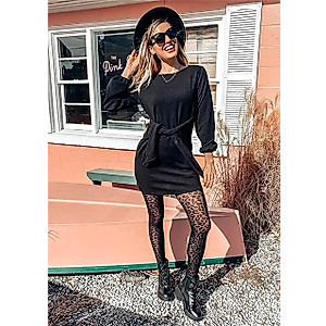 PRETTYGARDEN Women's Elegant Long Lantern Sleeve Short Dress Crewneck Tie Waist Knit Cocktail Dress (Black,X-Large)