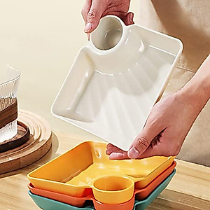 Hemoton Paper Plates 4Pcs Ceramic Dumpling Plate with Sauce Compartment, 7.2 * 7.2 inch Serving Plate with Sauce Holder, Chips and Salsa Plate, Serving Plate with Sauce Divider Platter Cheese Board