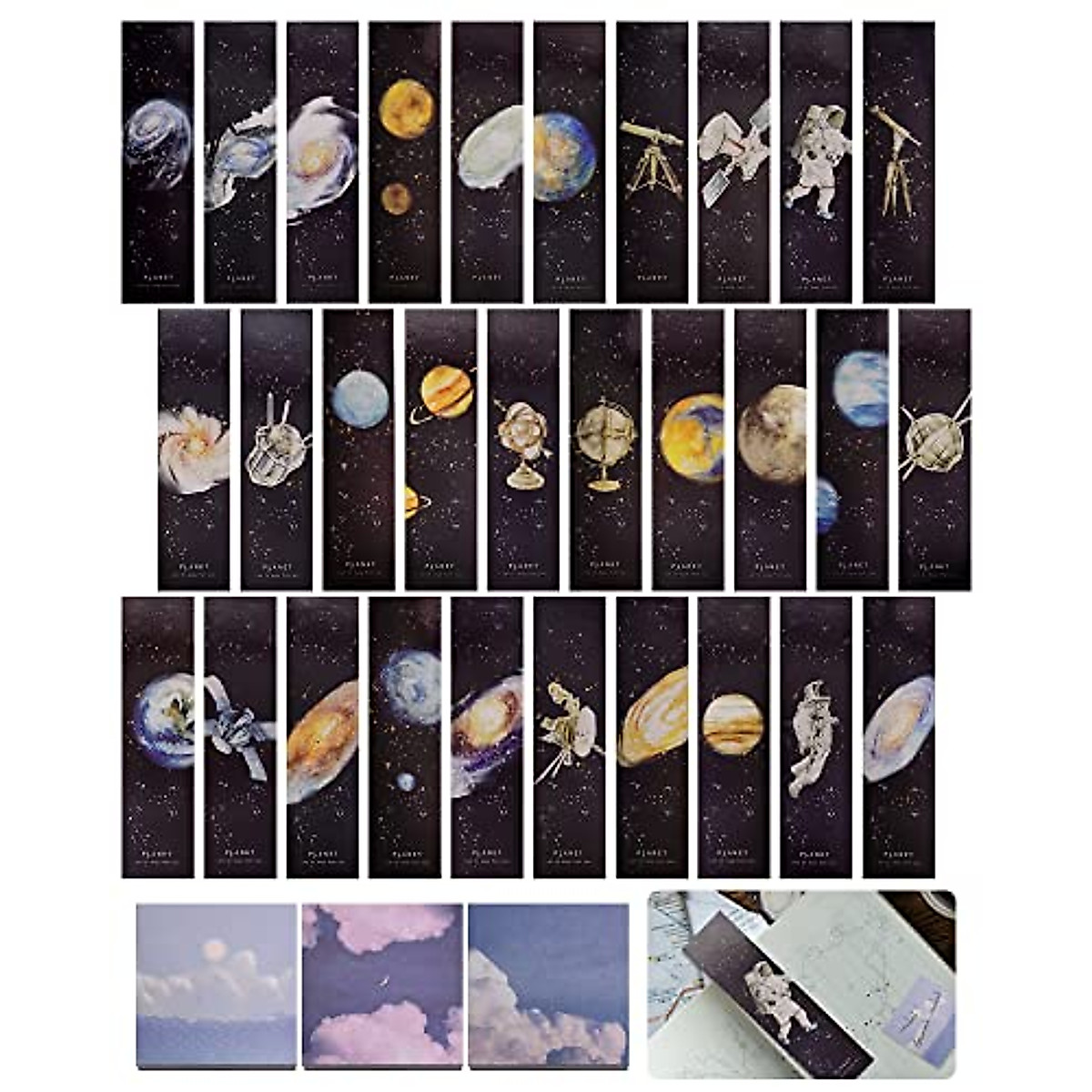 Daily Treasures 30Pcs Space Theme Bookmarks, Colorful Universe Book Markers with 3Pack Moon Sticky Notes-Double Side Galaxy Planet Spaceship Inspirational Bookmarks for Space Enthusiasts, Book Lovers