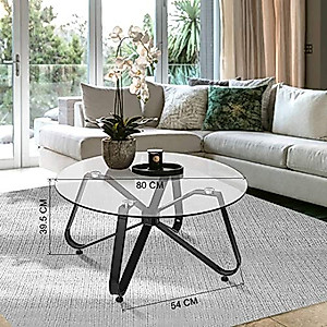 FurnitureR Round Tempered Glass Coffee Table, D31.5 inches Center Tea Sofa Table for Living Room, Home Office, Scandinavian Design with Metal Steel Frame, Easy Assembly