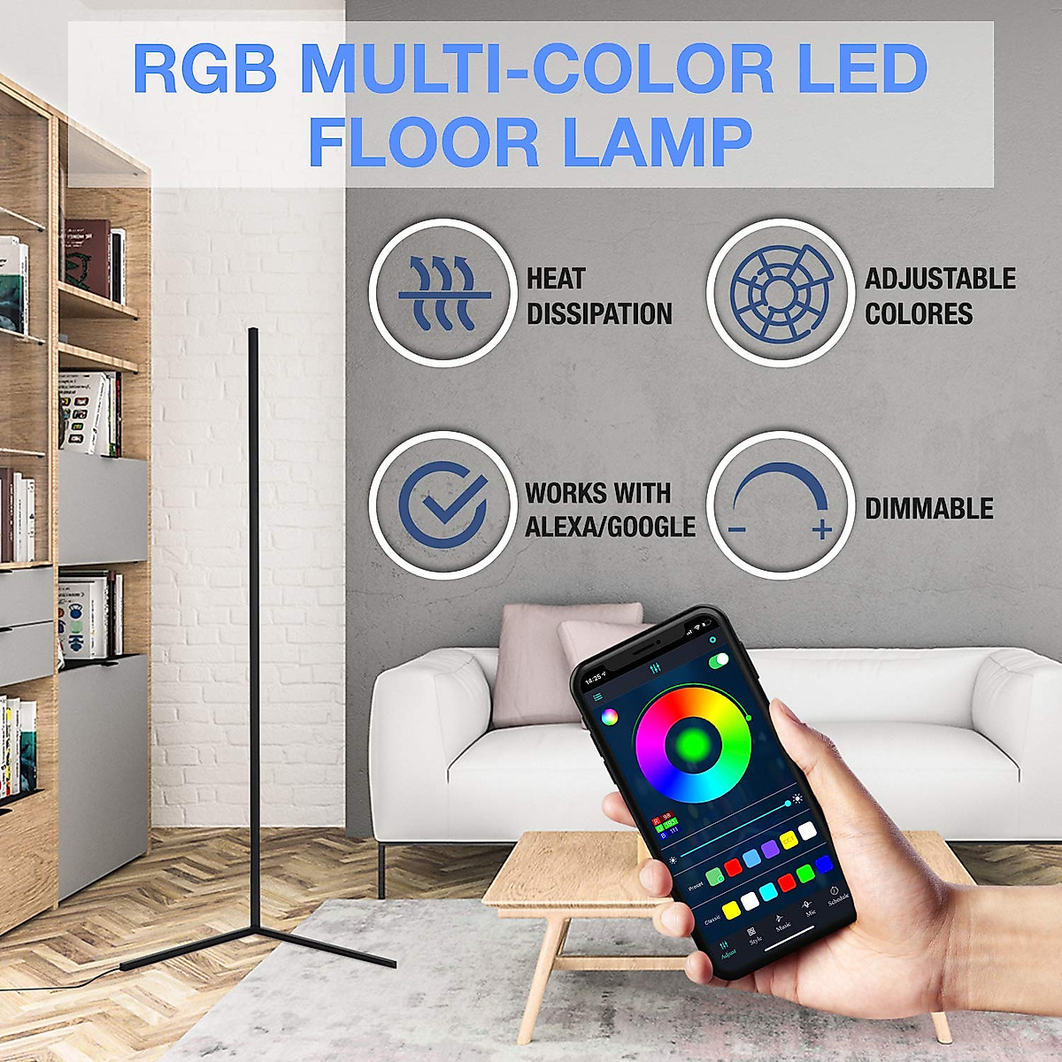 Harmony - Smart LED Lamp with Alexa and Google Home Compatibility - RGB Floor Lamp with 200 Dynamic Presets, with Timer, Memory, Dimmer - Black Iron, 55” Tall