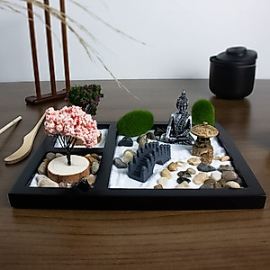 KVMORZE Zen Garden Kit, Japanese Zen Garden with White Sand, 2 Tools, 8 Zen Accessories, Tabletop Meditation Zen Garden for Home, Office, Yoga Decor, Gifts for Relaxation and Meditation, 8.5x6.9in