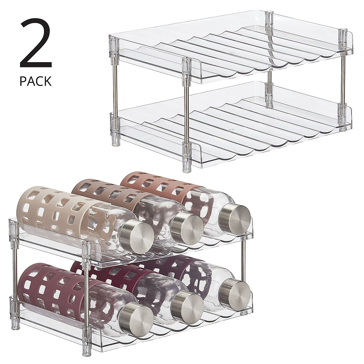 mDesign Free-Stand Stackable 2-Tier Bottle Holder, 8 Small Bottles, 6 Large Bottles of Water, Wine - Drink Organizer Shelf for Kitchen Counter, Cabinet, Pantry, Fridge, Freezer, 2 Pack, Clear/Polished