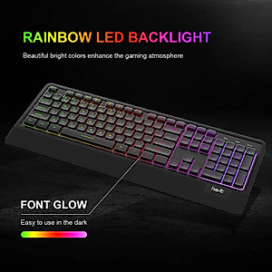 havit Wired LED Keyboard, Rainbow Backlit Computer Keyboard Ergonomic LED Gaming Keyboards Wrist Rest 104 Keys for Office PC Desktop Laptop Game Black