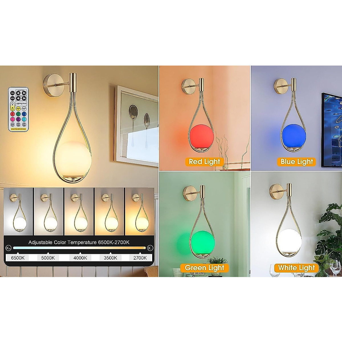 jengush Pack Wall Sconces/Wall Lights, Not Hardwired Brass Gold -White Glass Globe Wall Lamps, Wireless Light Fixture for Bedroom, Living Room, Bathroom, Hallway (GD)