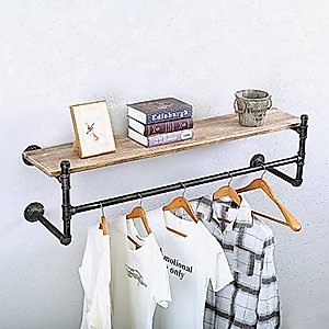 HAOVON Industrial Pipe Clothing Rack Wall Mounted Wood Shelf,Pipe Shelving Floating Shelves,Retail Garment Rack Display Rack Clothes Racks(1 Tier,48in)