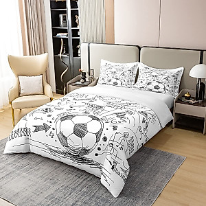 100% Organic Cotton Football Comforter Cover, Hand Drawn Sketch Soccer Flag Network Team Sports Duvet Cover for Boys Teens Men, Decorative 2 Piecce Bedding Set, Twin Size, White Black, No Comforter