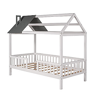 Bellemave Twin House Bed Kids Montessori Beds Playhouse Bed Tent Bed, Solid Wood Platform Bed Frame with Fence and Roof for Kids Teens Girls Boys (White+Gray)