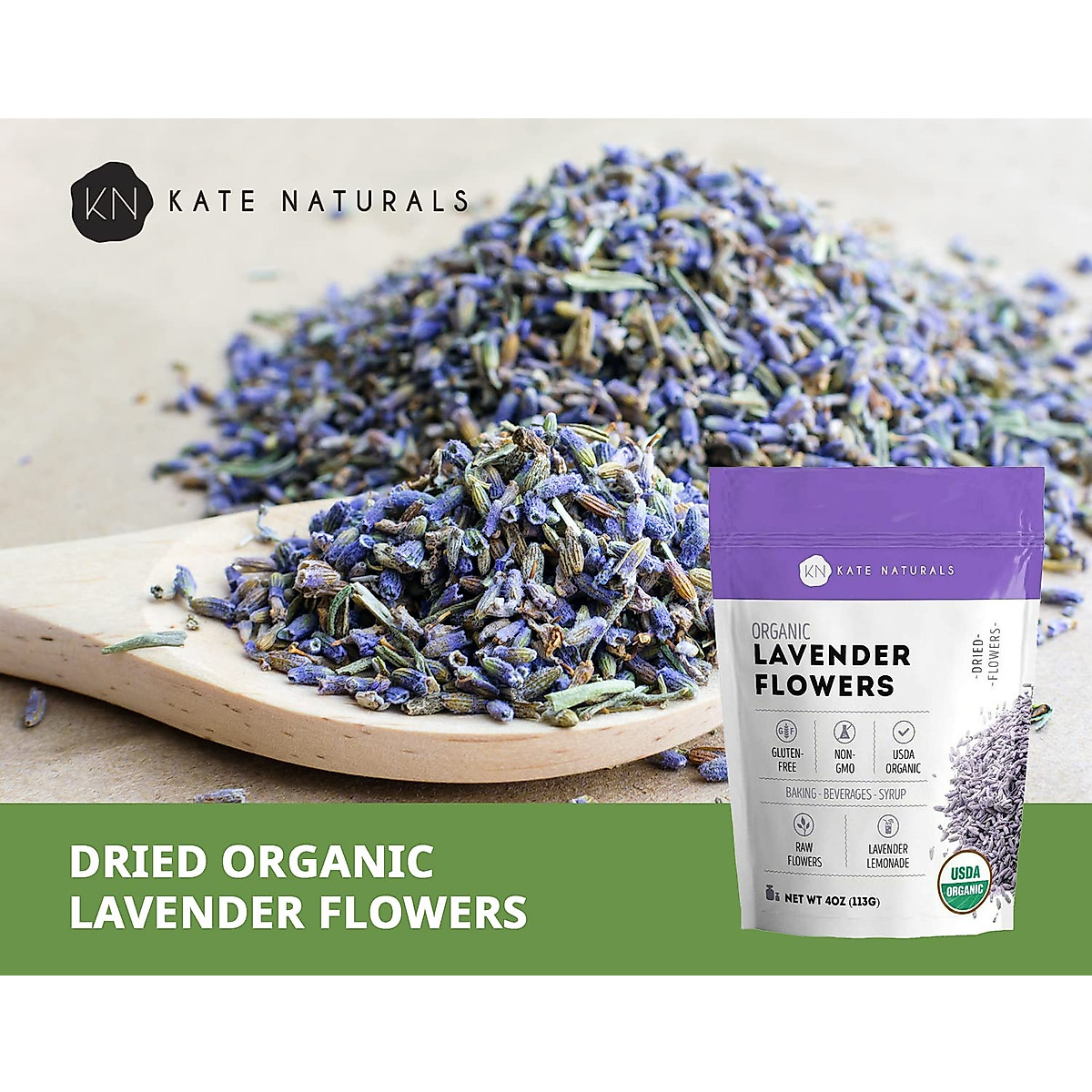 Dried Lavender Flowers for Tea and Soap Making (4oz) - Kate Naturals. USDA Organic Dried Flowers From Lavender Plant for Lavender Tea & Lemonade. Culinary Lavender and Edible Lavender Buds.