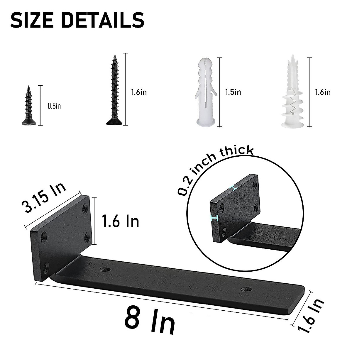 Premium Heavy Duty Shelf Brackets – 0.2In Thick Black L Shape Shelf Bracket, Hidden Steel Brackets for Shelves - 8 Inch Heavy Duty Floating Shelf Hardware (6Pcs)