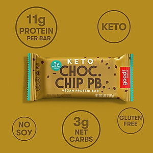 good! Snacks Keto Vegan Protein Bars, Chocolate Chip Peanut Butter, Gluten Free Keto Snack Bar, Low Carb, Low Sugar Meal Replacement, High Protein Healthy Snacks, 11g Protein, 3g Net Carbs, 12 Bars