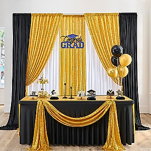 Outpain 2 Panels 4FT x 10 FT Gold Sequin Backdrop Curtain, Not See Through 8FT x 10 FT Gold Glitter Backdrop Drapes for Wedding Party Photography Home Decoration