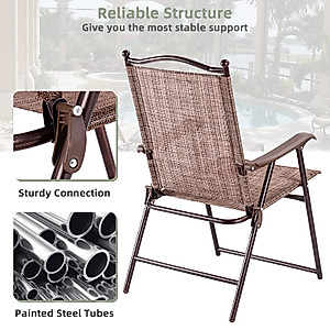 Tangkula Set of 2 Patio Folding Dining Chairs, Outdoor Sling Lawn Chairs with Armrests, Steel Frame, Portable Camping Lounge Chairs for Backyard, Deck, Poolside and Garden, No Assembly (Brown)