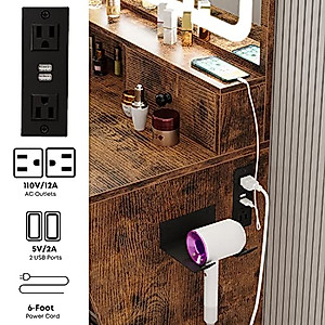 LIKIMIO Vanity Desk with LED Lighted Mirror & Power Outlet & 4 Drawers, Dressing Makeup Table Set with Storage Stool and Hair Dryer Stand, Vintage Brown