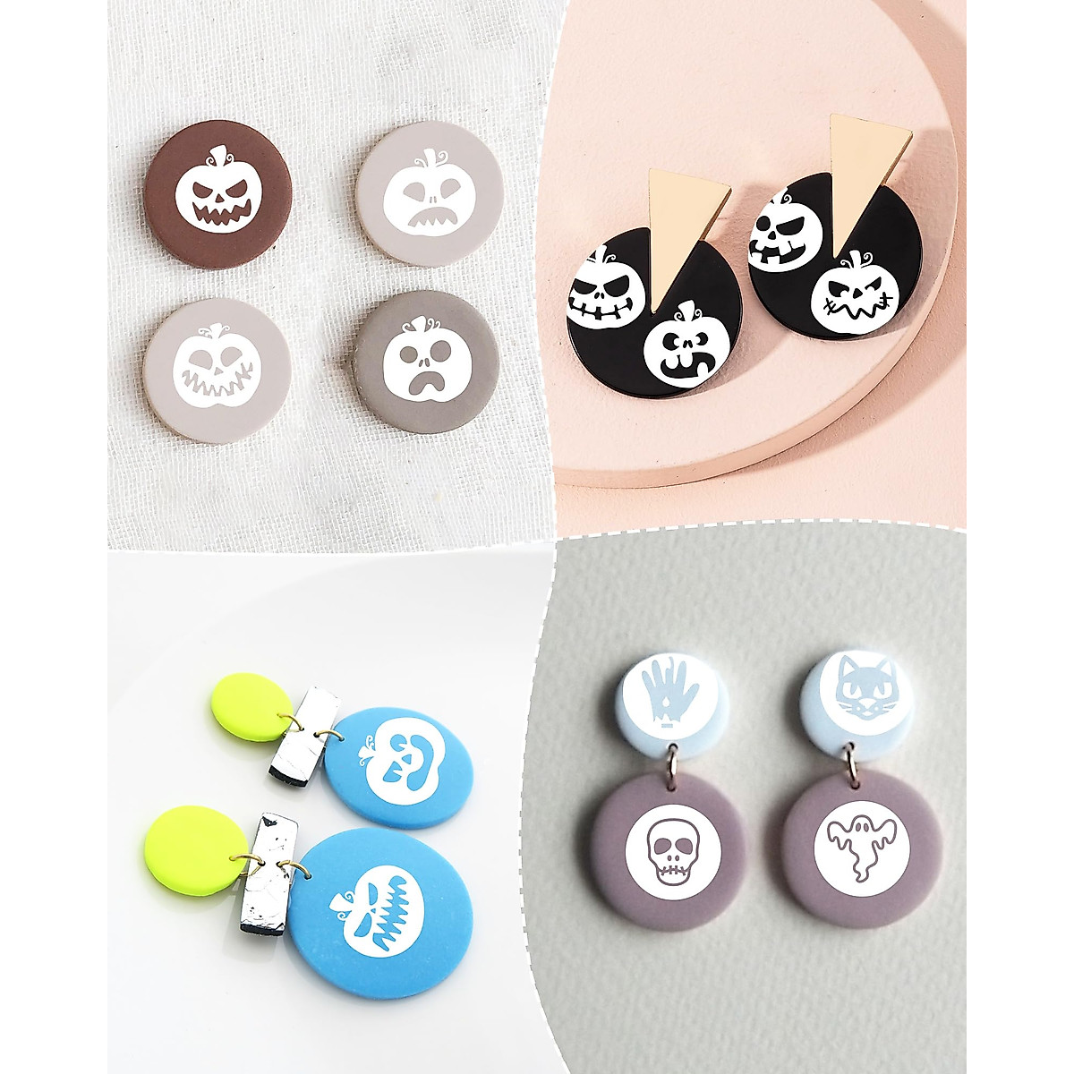 Puocaon Halloween Clay Silk Screen - 8 Pcs Reusable Silk Screen Stencils for Polymer Clay Jewelry Making, Individual Pattern Design for Halloween Theme on 8 Silk Screen Stencils, Polymer Clay Tools
