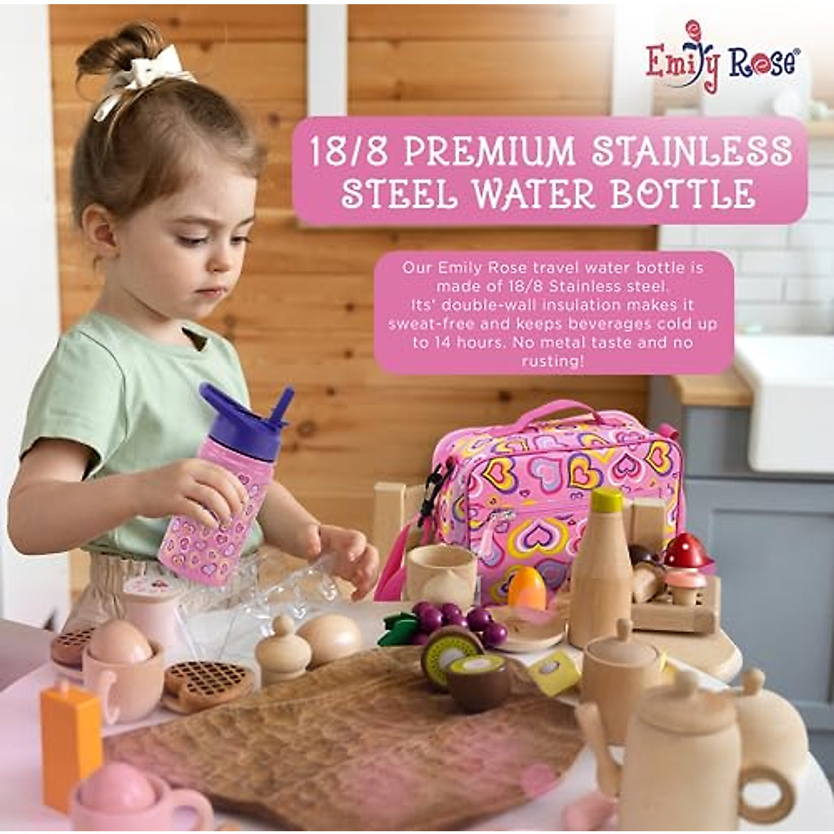 Emily Rose Kids Water Bottle | 12 Ounce Insulated Water Bottle for Kids | BPA Free Stainless Steel Bottle for Travel and School | Leak Proof Kids Water Bottle with 2 Straws (Playful Hearts Design)