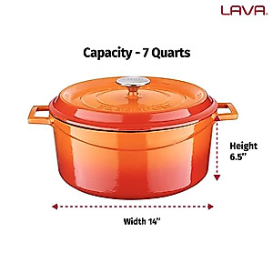 LAVA 7 Quarts Cast Iron Dutch Oven: Multipurpose Stylish Round Shape Dutch Oven Pot with Three Layers of Enamel Coated with Trendy Lid (Orange)