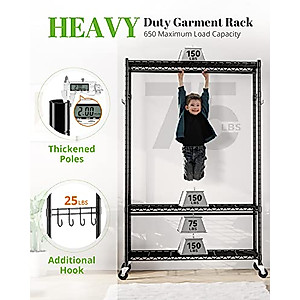 HOKEEPER Heavy Duty Wire Garment Rack Clothes Rack with Shelves and Double Rods, Rolling Clothing Rack for Hanging Clothes, Portable Freestanding Closet Storage Shelves Rack with Wheels and Hooks