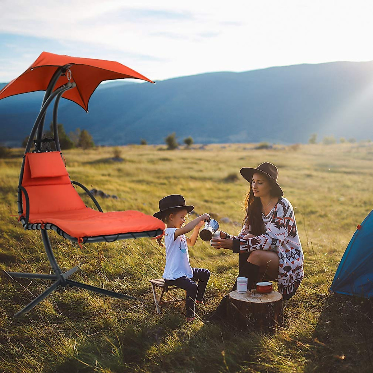 Hammock Chair Hammock Stand Outdoor Chair Patio Lounge Chair Outdoor Hanging Chair Patio Swing Chair for Adults Backyard Garden Deck Chair with Canopy Umbrella Free Standing Floating Bed Furniture