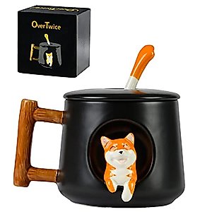 OverTwice Dog Lovers Gifts for Women, Shiba inu Cute Coffee Mug Set, Coffee Mug with Lid and Handle, his and hers gifts, Creative Birthday Gift,Engagement gift, Wedding Gift, Couple gifts 15oz …