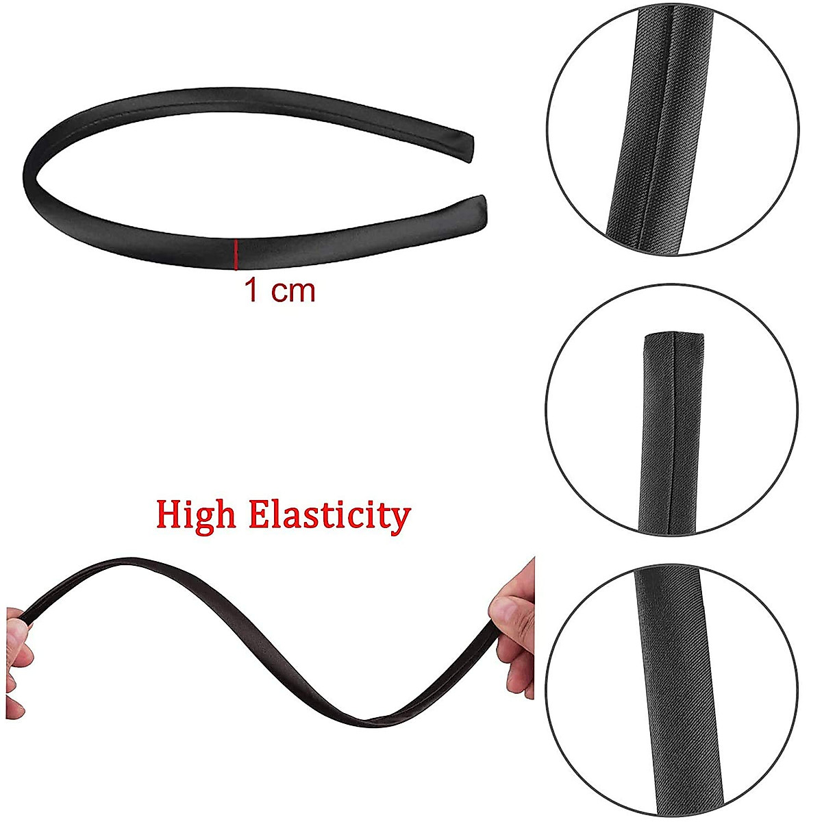 Suyegirl 20Pcs Women's Fabric Covered Satin Headbands 1CM Wide Black Ribbon Head Bands Girl's Black Headband Thin Hard Hairbands DIY Hair Pieces Accessories