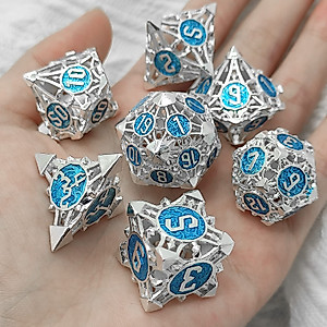 AHDKEJG Metal DND Dice Set D&D Hollow Dungeons and Dragons Gifts Polyhedral D20 Sided Dice RPG MTG Table Games Pathfinder Accessories Role Playing 7pcs D20 D12 D10 D% D8 D6 D4-Silver Blue