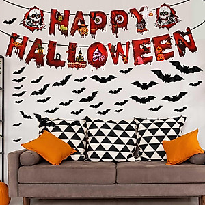 Halloween Decorations Indoor Set, 52pcs Halloween Party Decorations, Halloween 3D Bats & Spiderweb Table Runner & Cobweb Fireplace Mantel Scarf & Spooky Happy Halloween Banner for Home Indoor Decor