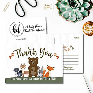 25 Girl or Boy Woodland Baby Shower Thank You Note Card Bulk Set, Blank Cute Animals Gender Reveal Neutral Sprinkle Postcards, No Envelope Needed For Party Gift, Personalize Printable Cardstock