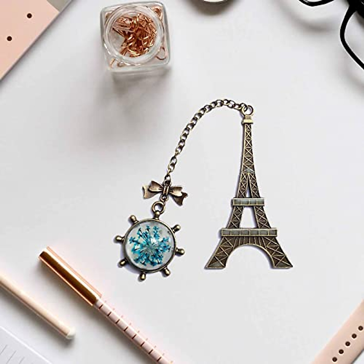 Eiffel Tower Glow Bookmark, Metal Bookmark with Chain, Vintage Bookmark with Snowflake for Teachers Students Mother Father Gifts