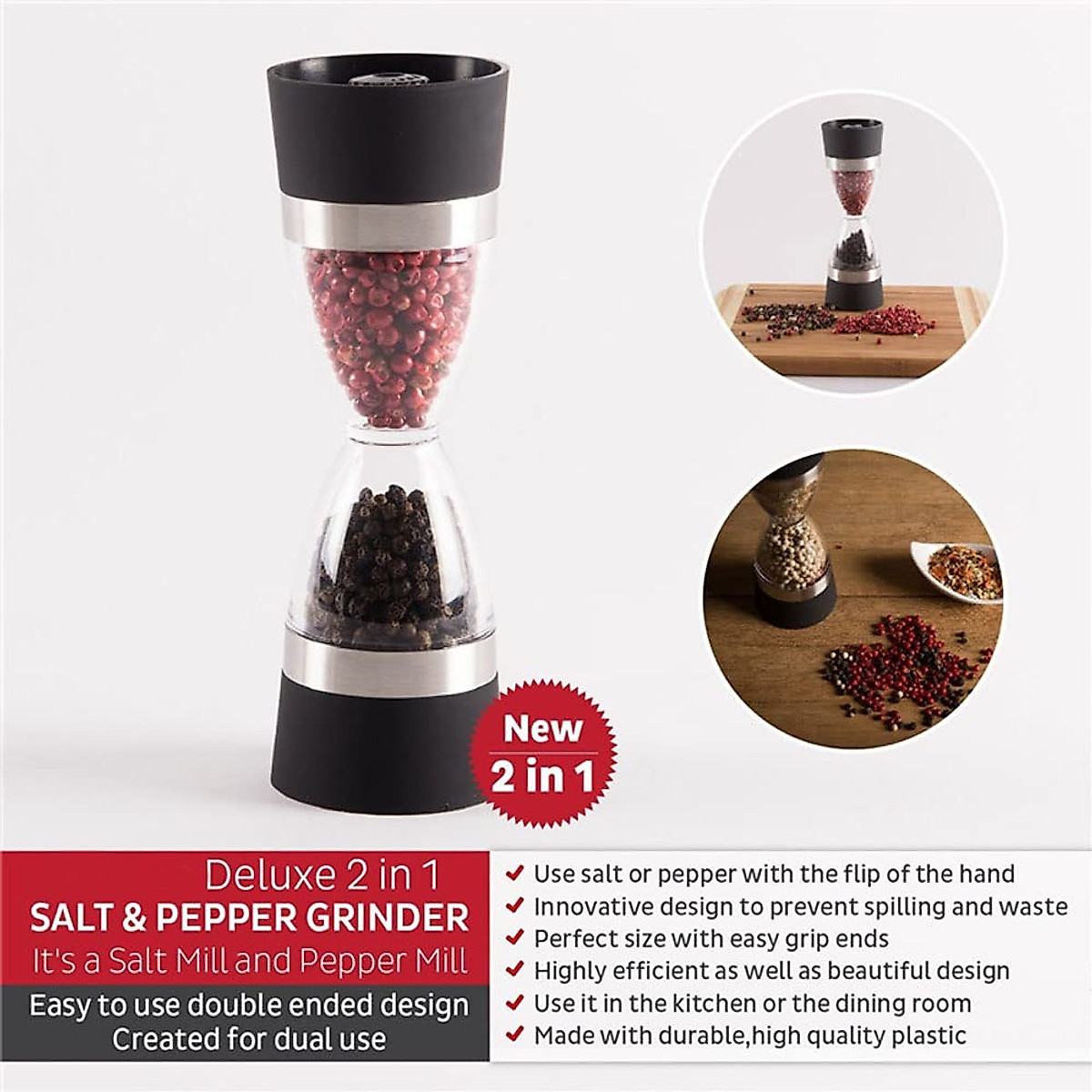 SAHKGYE Salt And Pepper Mill Grinder Set 2 in 1 Salt & Peppercorn Shaker Mill Double Head Refillable Spice Grinder with Ceramic