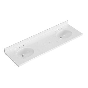 ARIEL 72 inch double bathroom vanity top with sink, 1.5 Inch Thick Miter Edge Carrara White Quartz top, Oval double sink vanity top, Includes Backsplash