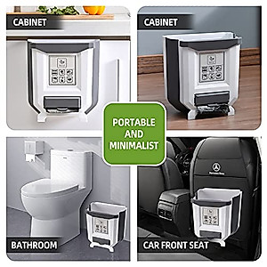 Hanging Kitchen Trash Can, Foldable Waste Bin for Kitchen, Collapsible Hanging Small Garbage Can, Garbage Container for Cabinet/Car/Bedroom/Bathroom, 2.4 Gallon (White)