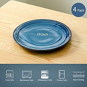 Hasense Ceramic Dinner Plates Set of 4,10 Inch Large Porcelain Pasta and Salad Plates,Blue Stoneware Plate Set Microwave,Oven,and Dishwasher Safe