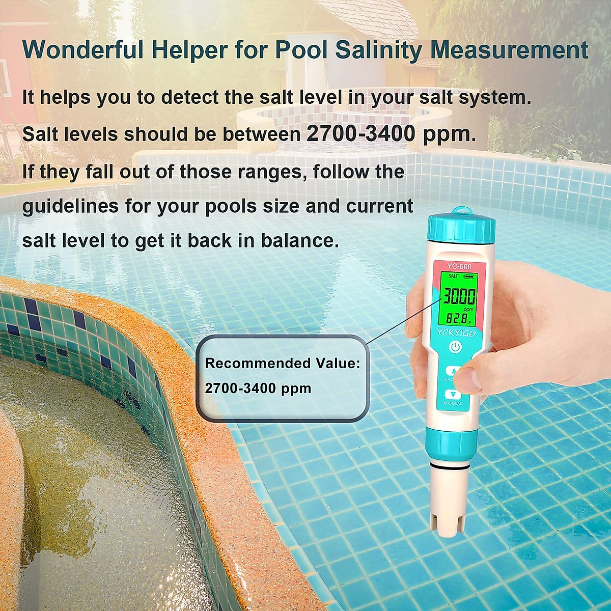YCKYIGO Salt Water Pool Tester Large Range 7 in 1 Multi-Parameter Tester for Salt Swimming Pool and Spa