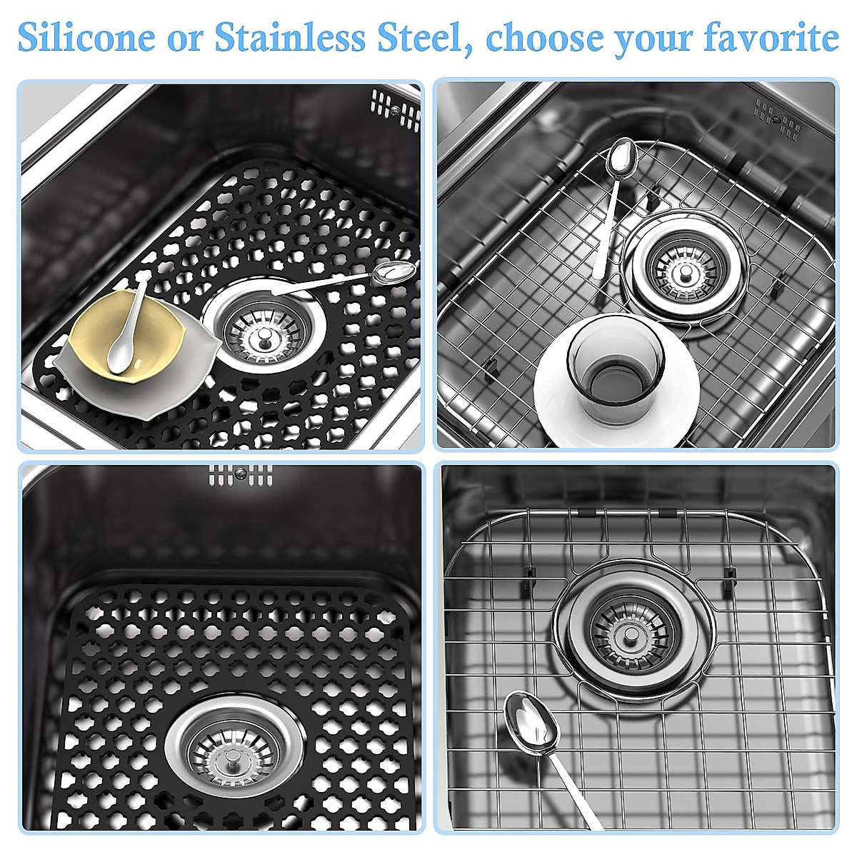 BEHOK 2 Pack Silicone Sink Protectors for Kitchen Sink, Bathroom Sink, 13.58"x 11.6" Heat-resistant Sink Mat, Non-Slip and Durable Sink Protector Silicone, Center Drain, Black