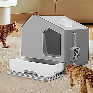 MoNiBloom Hooded Litter Box Fully Enclosed Splash-Proof Cat Litterbox with Litter Catcher Mat, Modern House Shaped Enclosed Cat Litter Boxes Slide Cleaning Design for Small Cats Under 10 Lbs