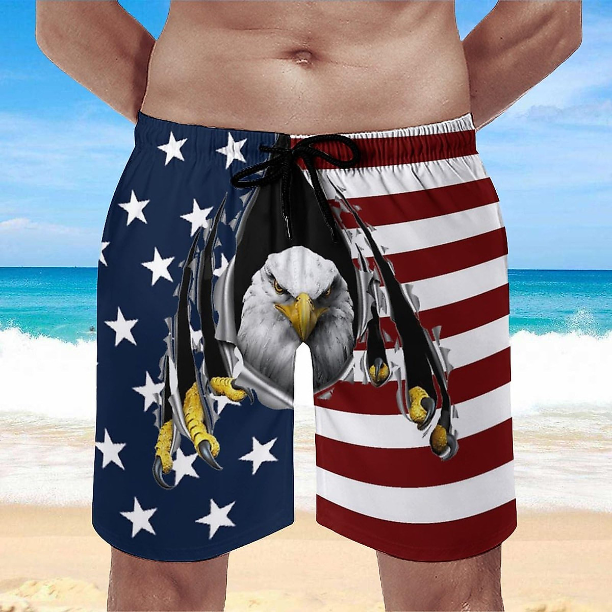 Heucapc Men's American Flag Swim Trunks Quick Dry Swimming Trunks Patriotic Beach Shorts with Mesh Lining and Pockets M