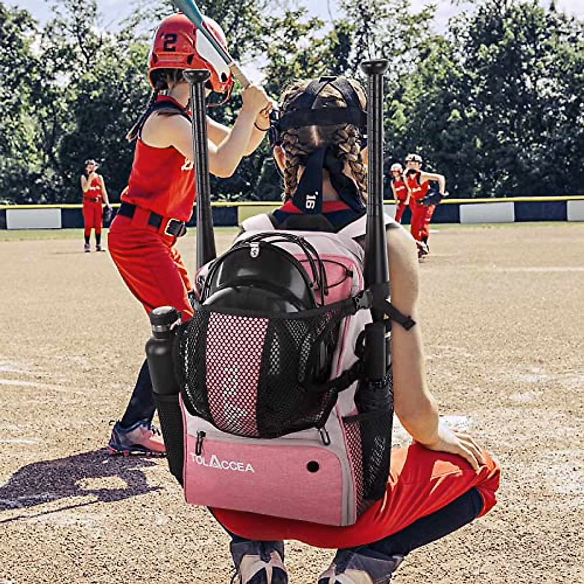Girls Baseball Bag, Youth Baseball Backpack, Bat Bag for Baseball, T-Ball & Softball Equipment, Baseball Bat Backpack Girls with Helmet Holder, Shoes Compartment and Fence Hook Holds Helmets, Shoes, Bat, Glove (Pink)