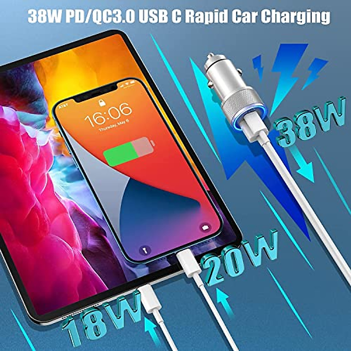 Car Charger,Apple MFi Certified iPhone Car Charger 38W USB C Car Charger IDiSONCABLE All Metal Dual Port PD&QC Car Charger Adapter with 2Pack Lightning Cable for iPhone 14 13 12 11 XR X XS iPad AirPod