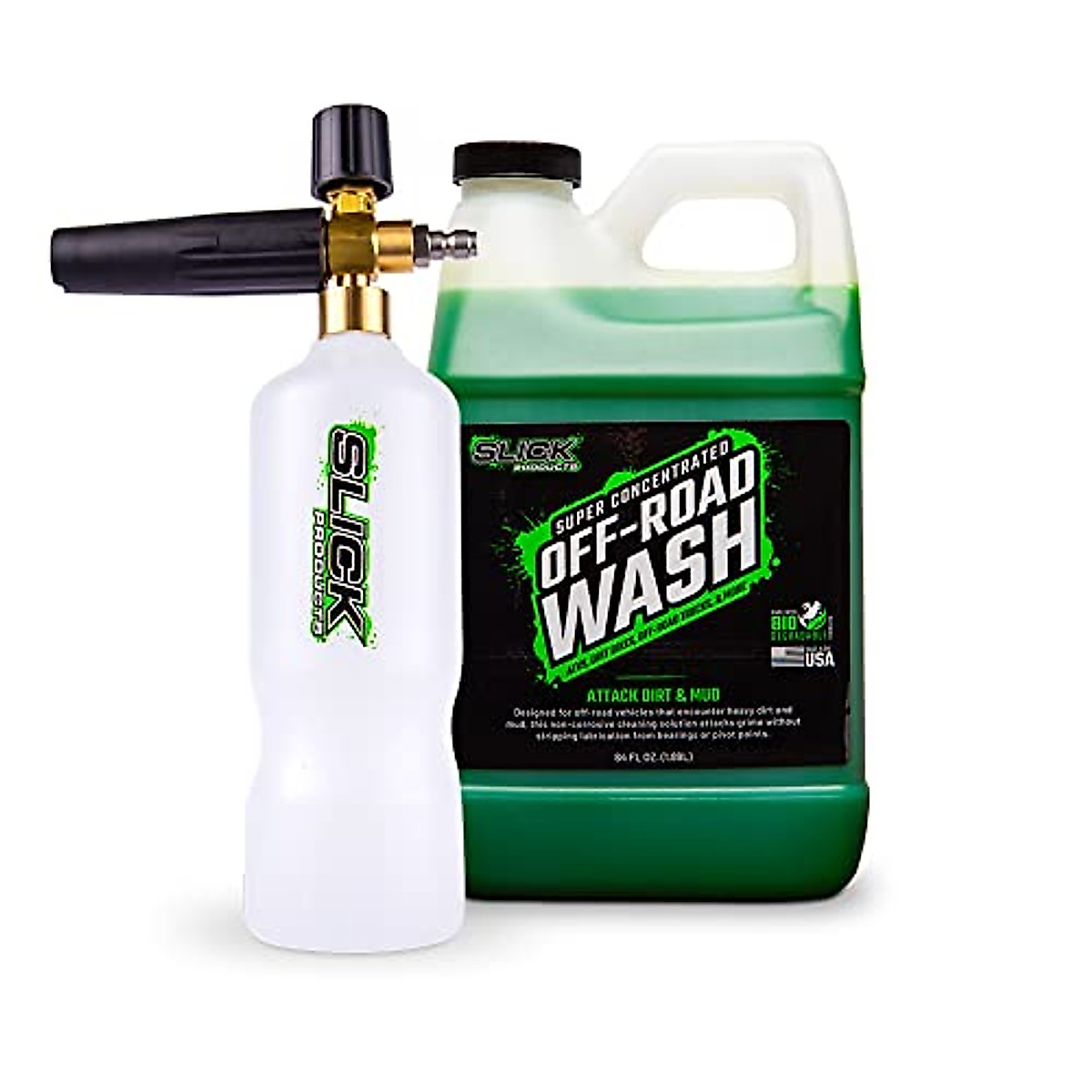 Slick Products Off-Road Wash (64 oz.) + Pressure Washer Foam Cannon Bundle - Super Concentrated Bike, ATV, UTV, Truck Wash Foam Shampoo for Heavy Dirt and Mud