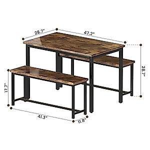 DKLGG Dining Table Set for 4, Industrial 3 Pcs Dining Table Set, Bench Dining Table Set with Metal Frame, Space-Saving Dining Room Furniture for Small Space, Restaurant Table Size 47.2x28.7x28.7 inch