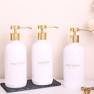 Janxin Shampoo and Conditioner Dispenser Set of 3,Refillable 21oz Shampoo Bottles with Non-Slip Protective Silicone Pad,Shower Soap Dispenser with Waterproof Labels for Bathroom (White)