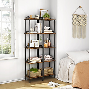 Gewudraw 5-Tier Tall Bookshelf, Narrow Bookcase with guardrail, Freestanding Storage Stand Display Rack for Living Room, Bedroom, Home Office, 11 x 14 x 59 Inches, Rustic Brown and Black